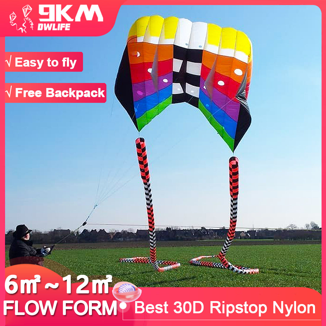 9KM Flow Forms Pilot Lifter Kite 6㎡~12㎡ Single Line Parafoil Kite with – 9km-dwlife