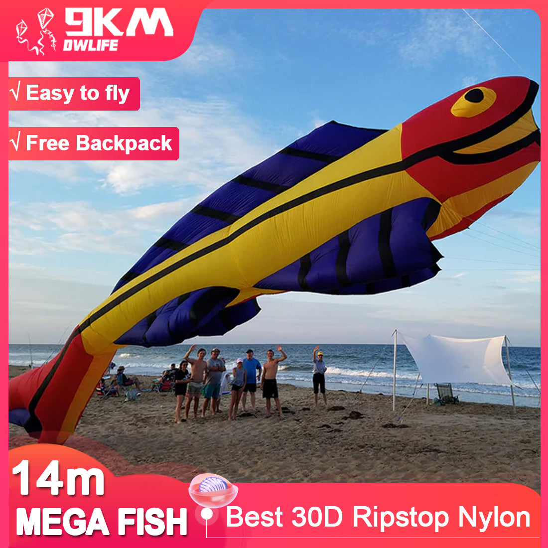 9KM 14m Mega Fish Kite Line Laundry Pendant Soft Inflatable Show Kite ...