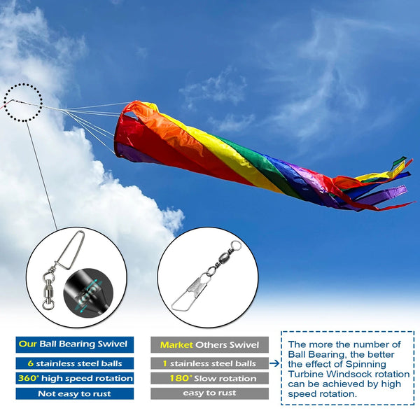 9KM 90cm Rainbow Spinning Turbine Windsock with Ball Bearing Swivels f – 9km-dwlife